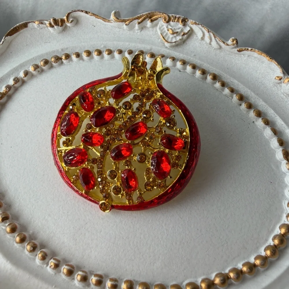 Anthropologie | Jewelry | Red Pomegranate Brooch Crystal Gold Tone ...